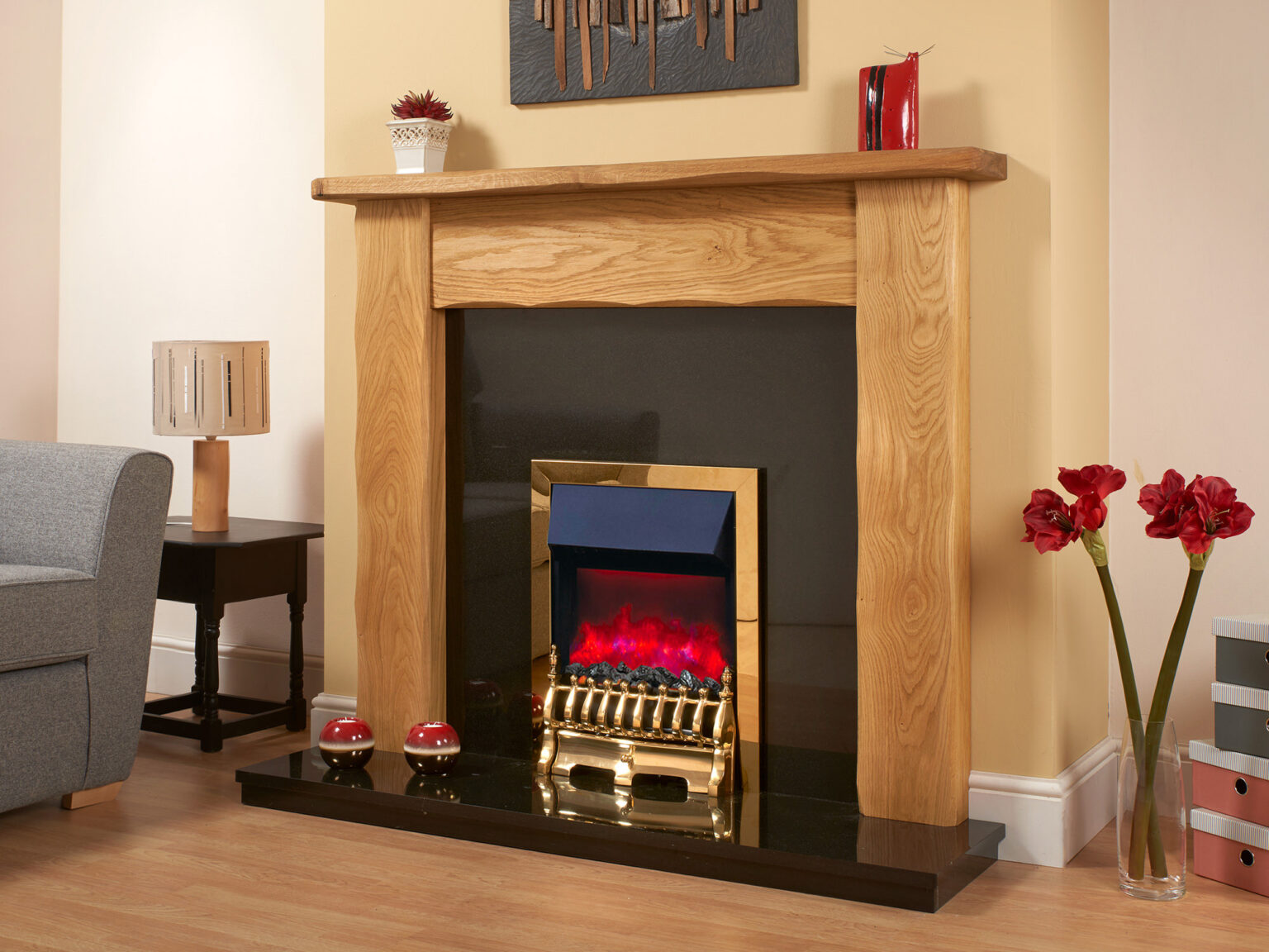 Waney Straight Solid Oak Electric Fire Suite - Designer Fireplaces